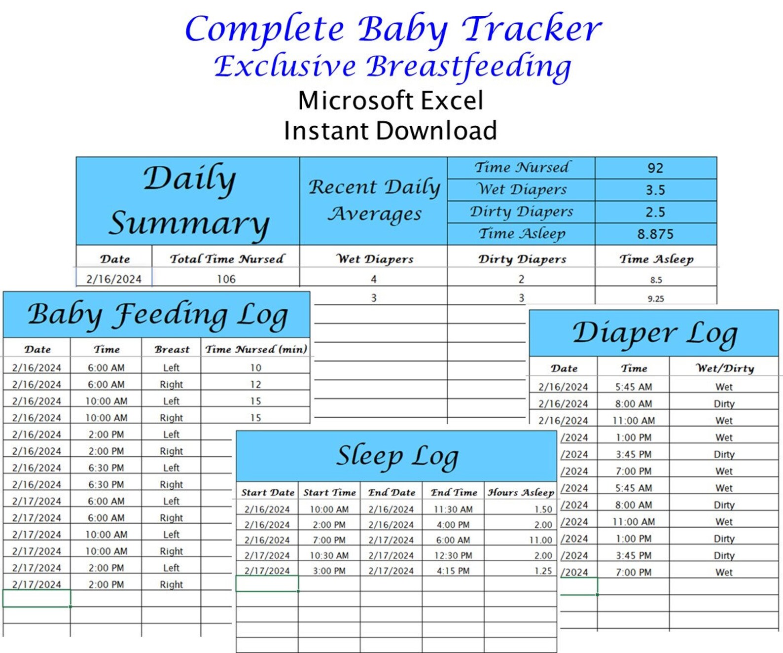 Complete Baby Tracker Excel Spreadsheet, Feeding, Diaper, and Sleep Log ...