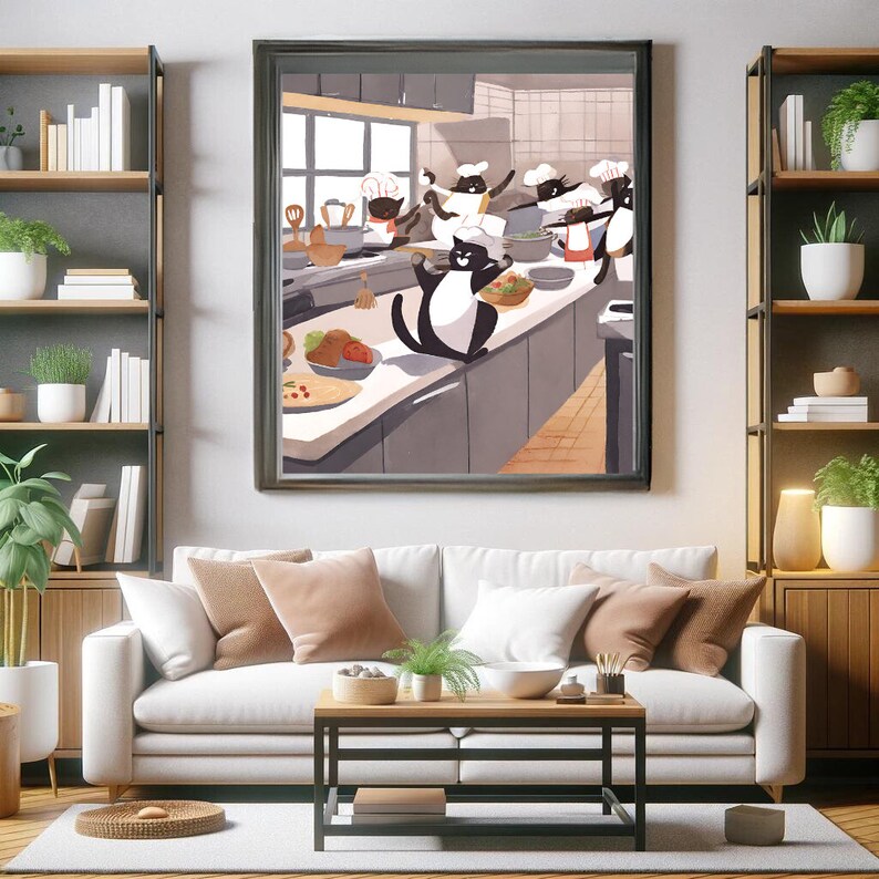 Animated Cat Chefs Kitchen Art Quirky Digital Print, Culinary Felines ...