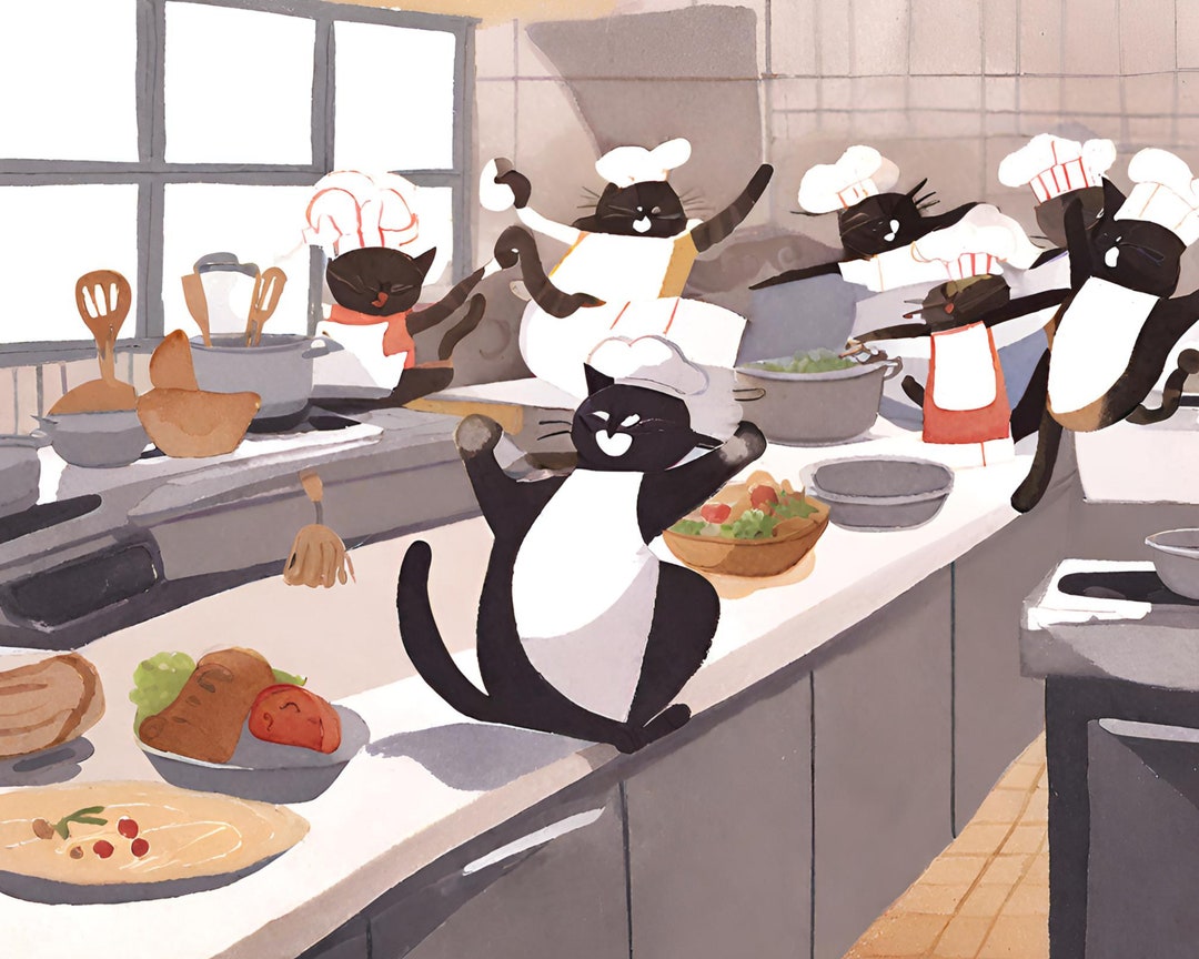 Animated Cat Chefs Kitchen Art Quirky Digital Print, Culinary Felines ...