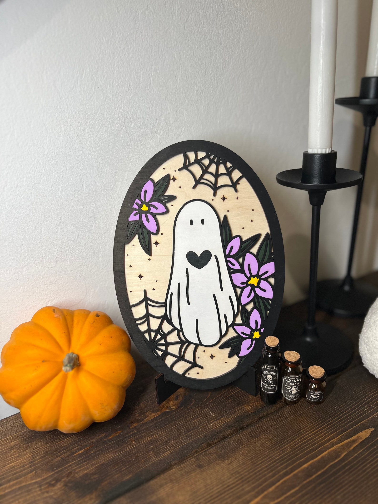 Wooden Hand-painted Halloween Ghost, Floral, Web - Etsy