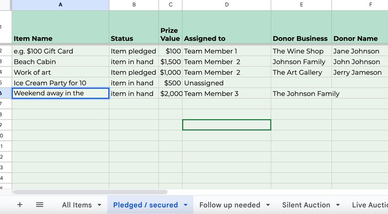 Pro Auction/raffle Item Tracker (google Spreadsheet) - Etsy
