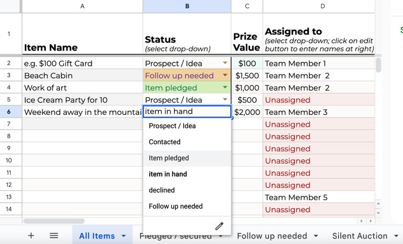 Pro Auction/raffle Item Tracker (google Spreadsheet) - Etsy
