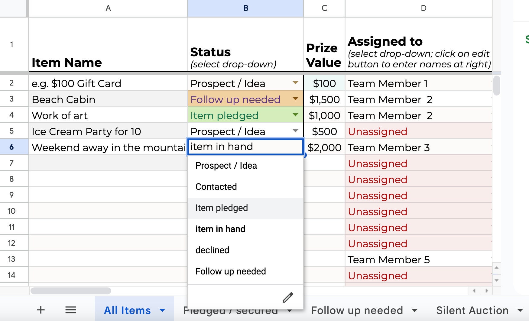 Pro Auction/raffle Item Tracker (google Spreadsheet) - Etsy