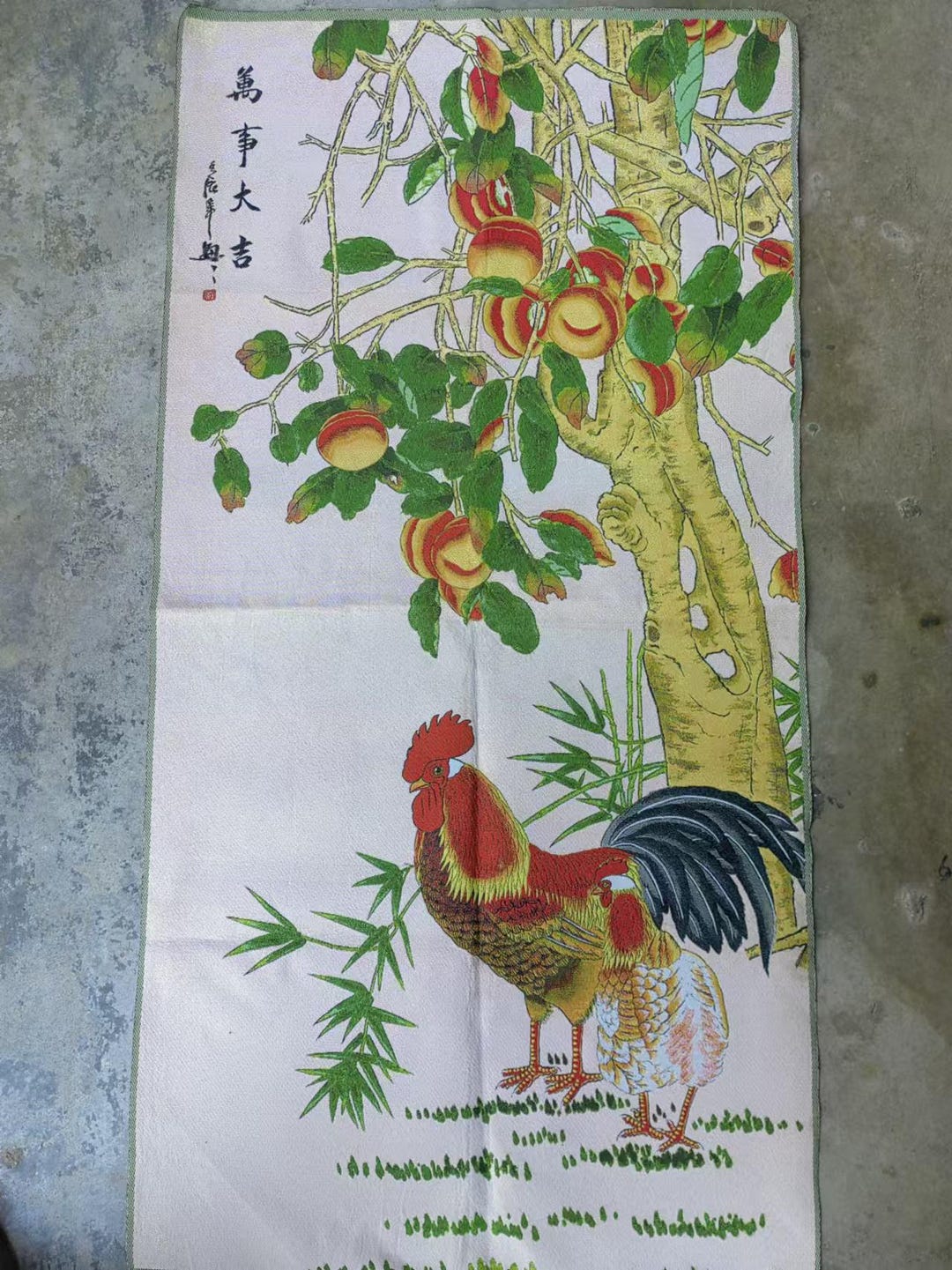 Hand-painted Rooster Art – Peach Tree Xuan Paper Wall Hanging (150x55cm ...