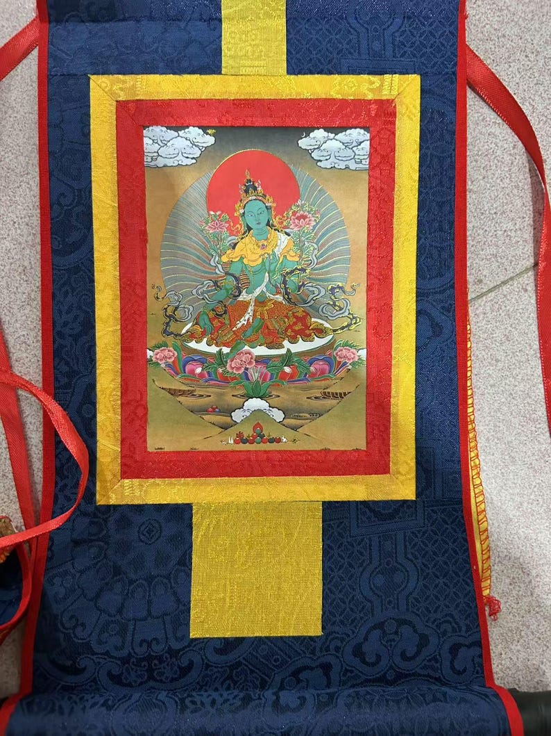 Hand Painted Green Tara Thangka: Tibetan Silk Brocade Wall Hanging - Etsy