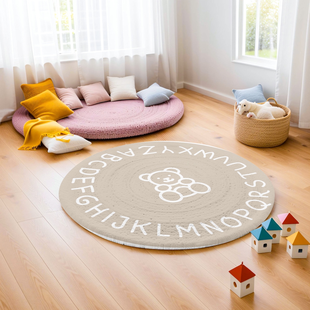 Alphabet Beige Teddy Bear Rug Kids Nursery Playroom Decor Kids Room ...