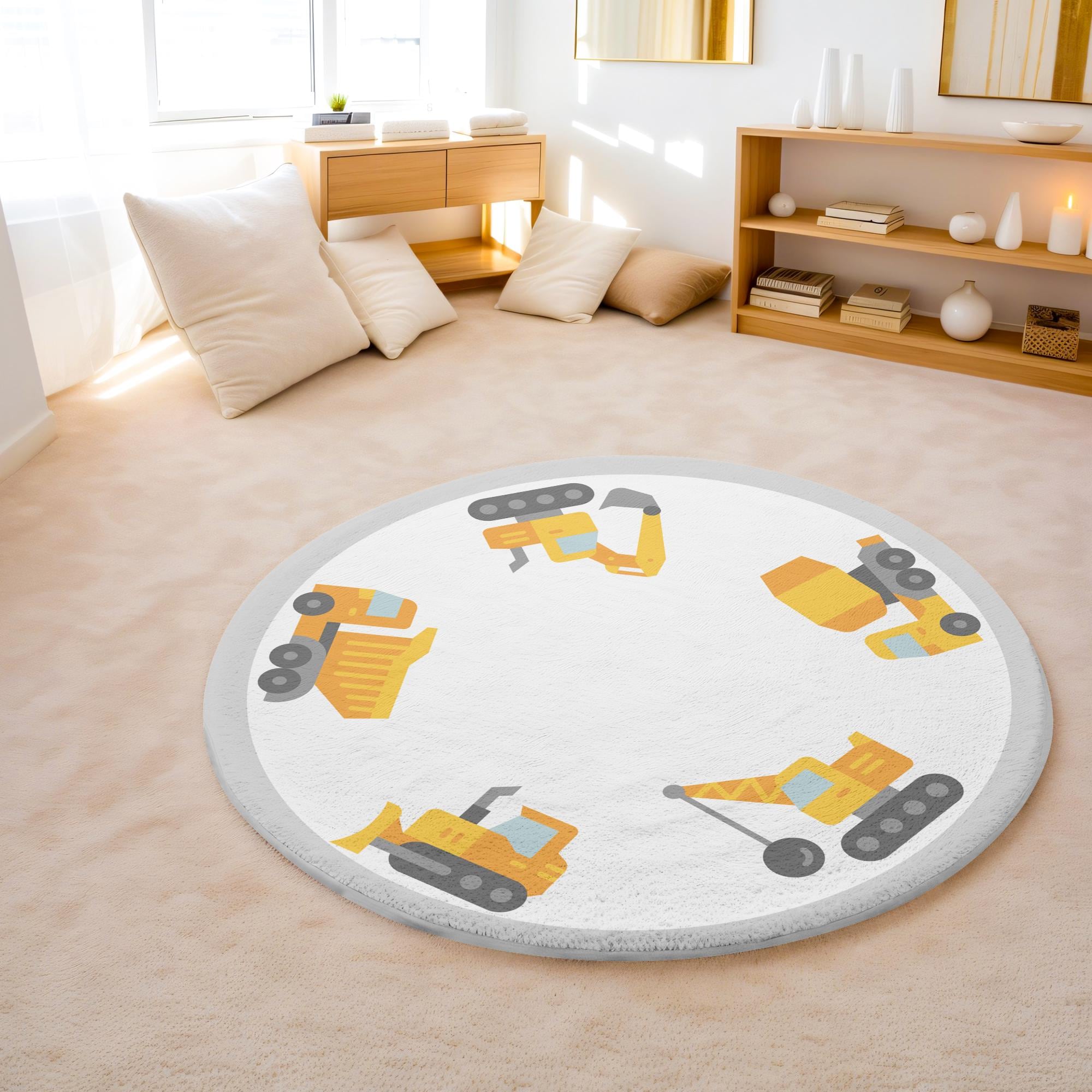 Construction Vehicles Rug, Round Children's Playroom Rug, Kids Bedroom ...