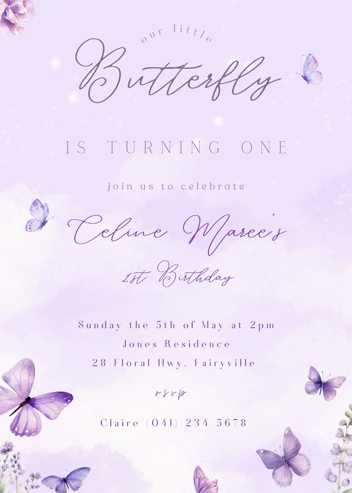 Butterfly Birthday Invitation Template, First Birthday Invitation, Girl ...