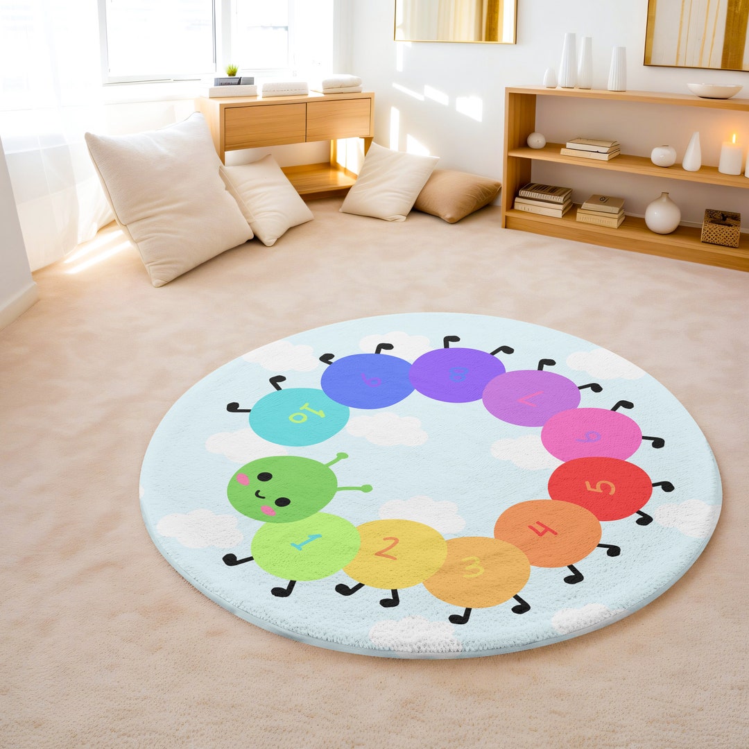 Rainbow Caterpillar Counting Rug, Educational and Playful Round Rug for ...