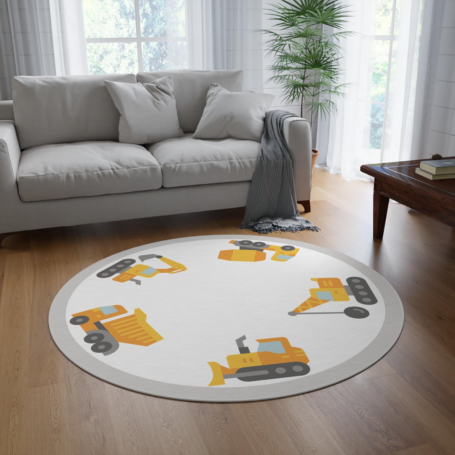 Construction Vehicles Rug, Round Children's Playroom Rug, Kids Bedroom ...