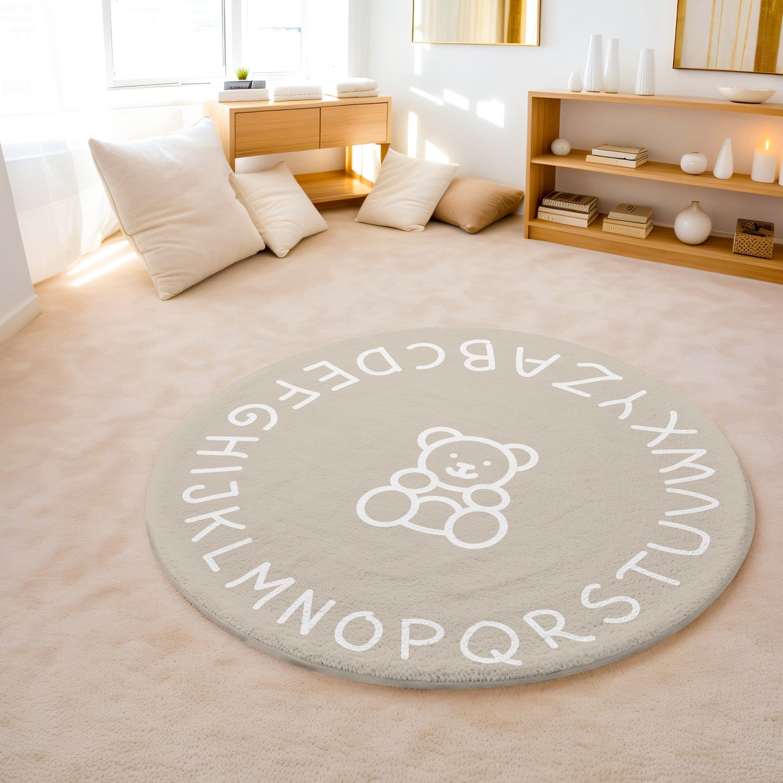 Alphabet Beige Teddy Bear Rug Kids Nursery Playroom Decor Kids Room ...