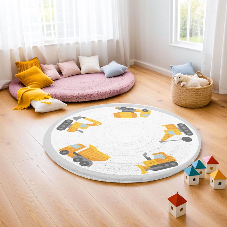 Construction Vehicles Rug, Round Children's Playroom Rug, Kids Bedroom ...