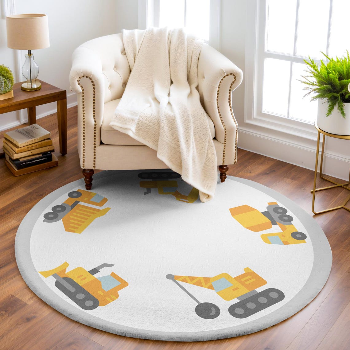 Construction Vehicles Rug, Round Children's Playroom Rug, Kids Bedroom ...