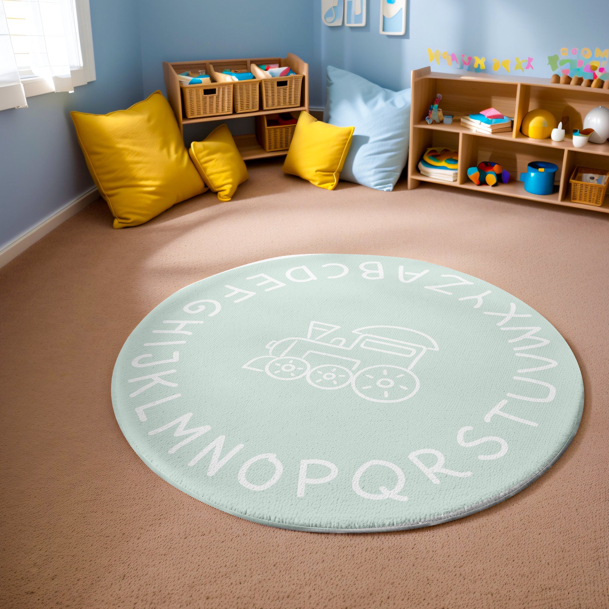Alphabet Pastel Green Train Rug - Kids Nursery Playroom Decor-boys Room ...