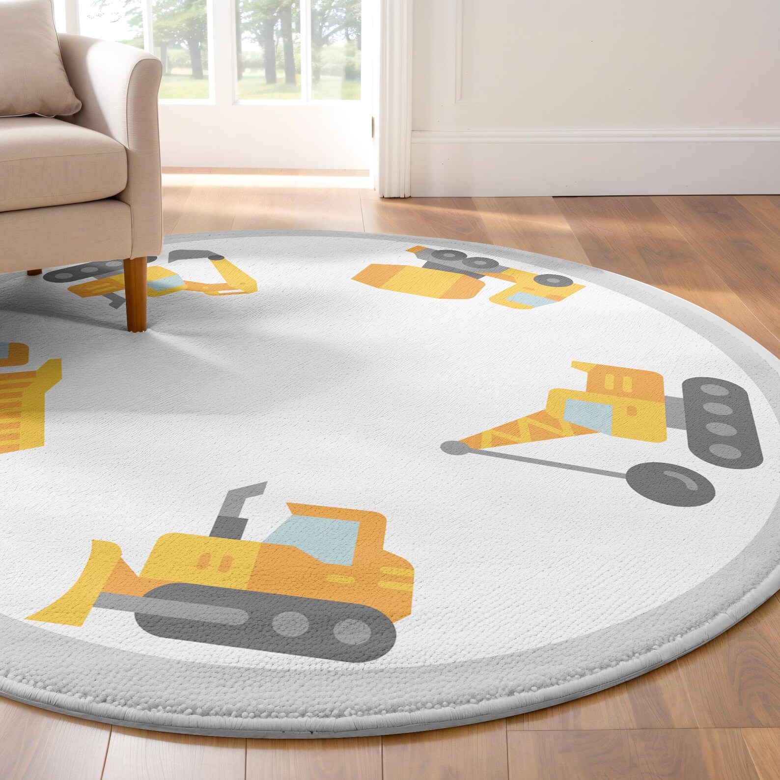Construction Vehicles Rug, Round Children's Playroom Rug, Kids Bedroom ...