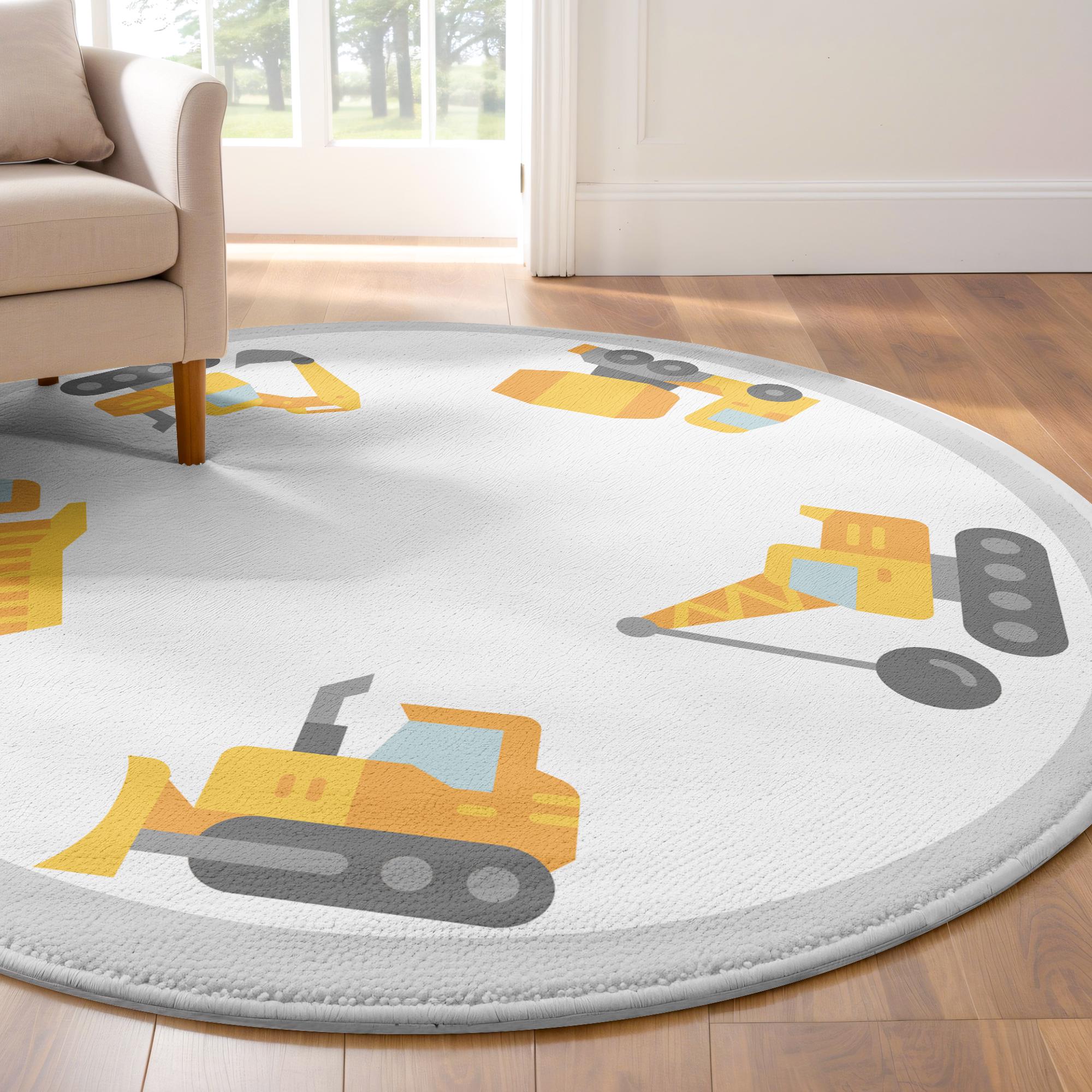 Construction Vehicles Rug, Round Children's Playroom Rug, Kids Bedroom ...