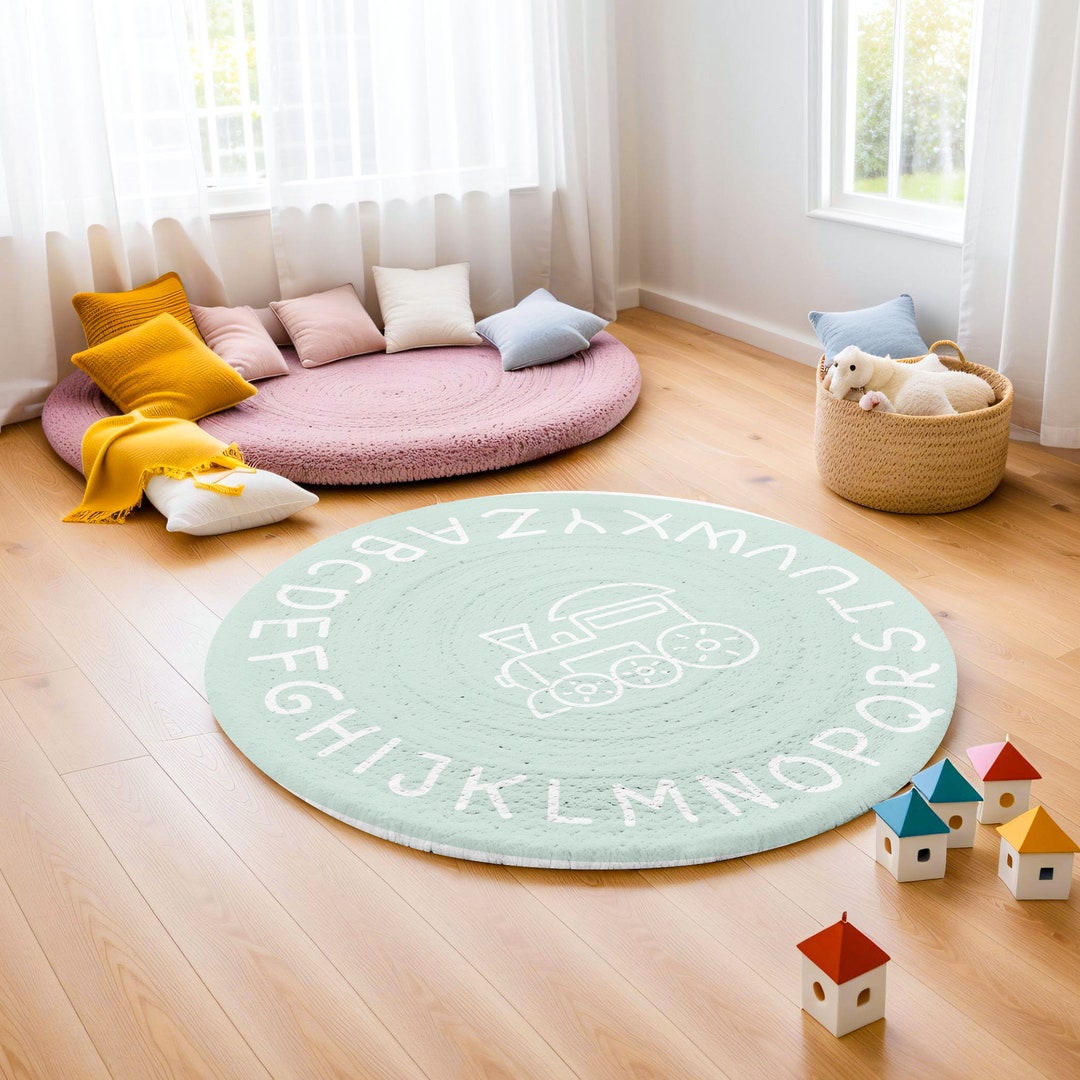 Alphabet Pastel Green Train Rug - Kids Nursery Playroom Decor-boys Room ...