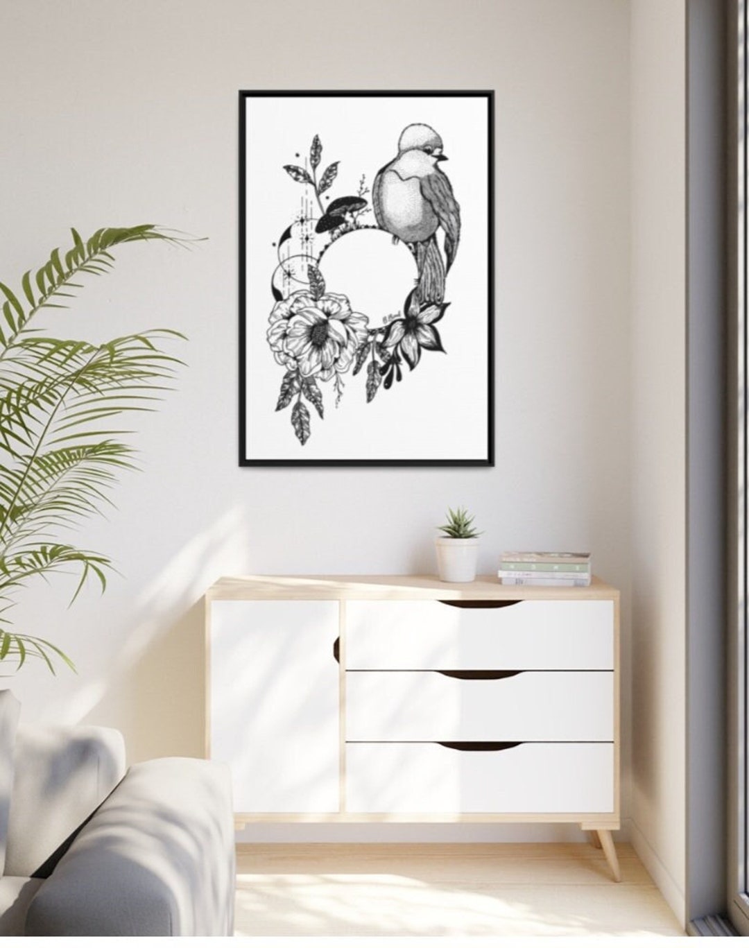 Nature Inspired Line Drawing Canvas Print With Black Frame Bohemian ...