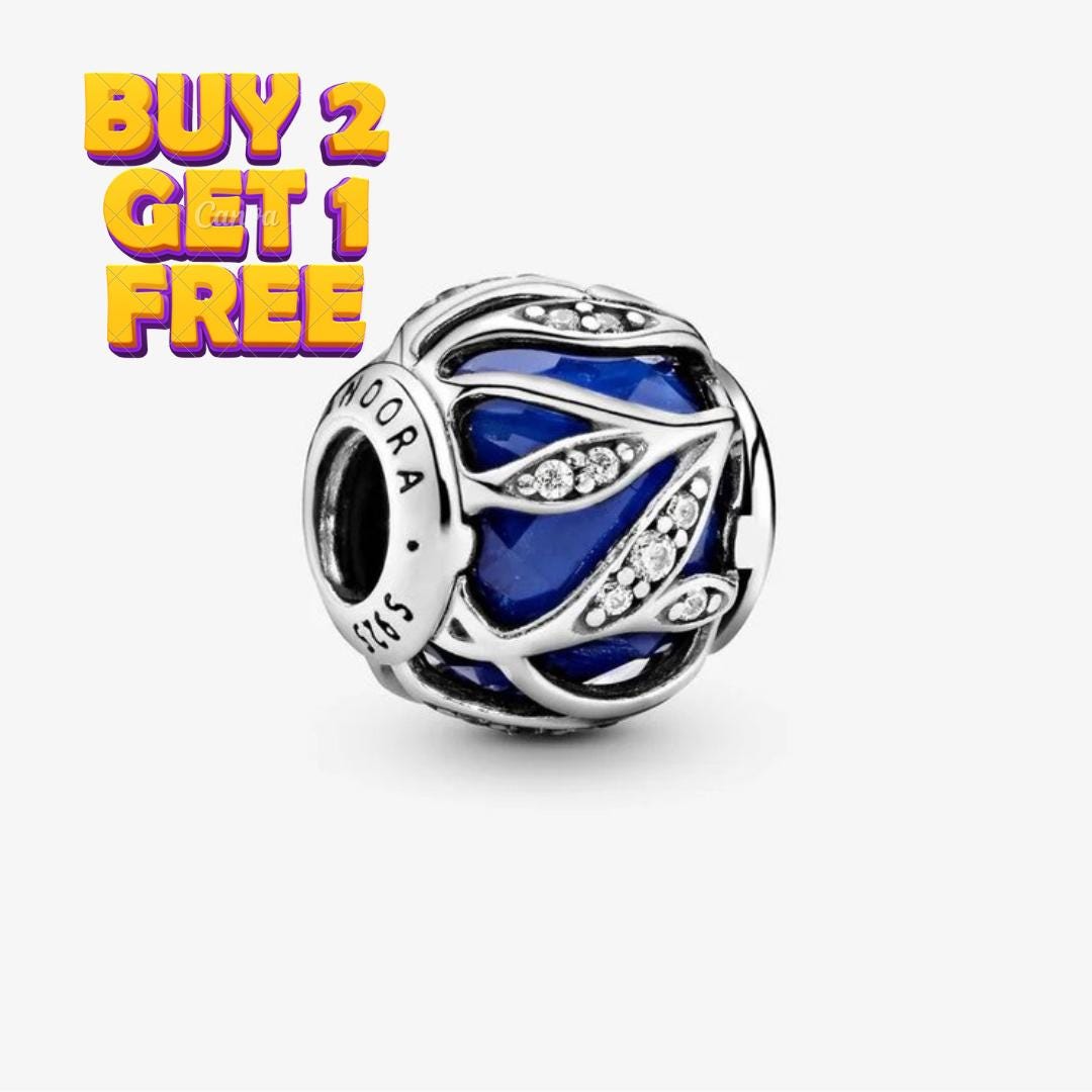 Pandora Encased Gloss Royal Blue Crystal Leaves Clear CZ Charm Retired ...