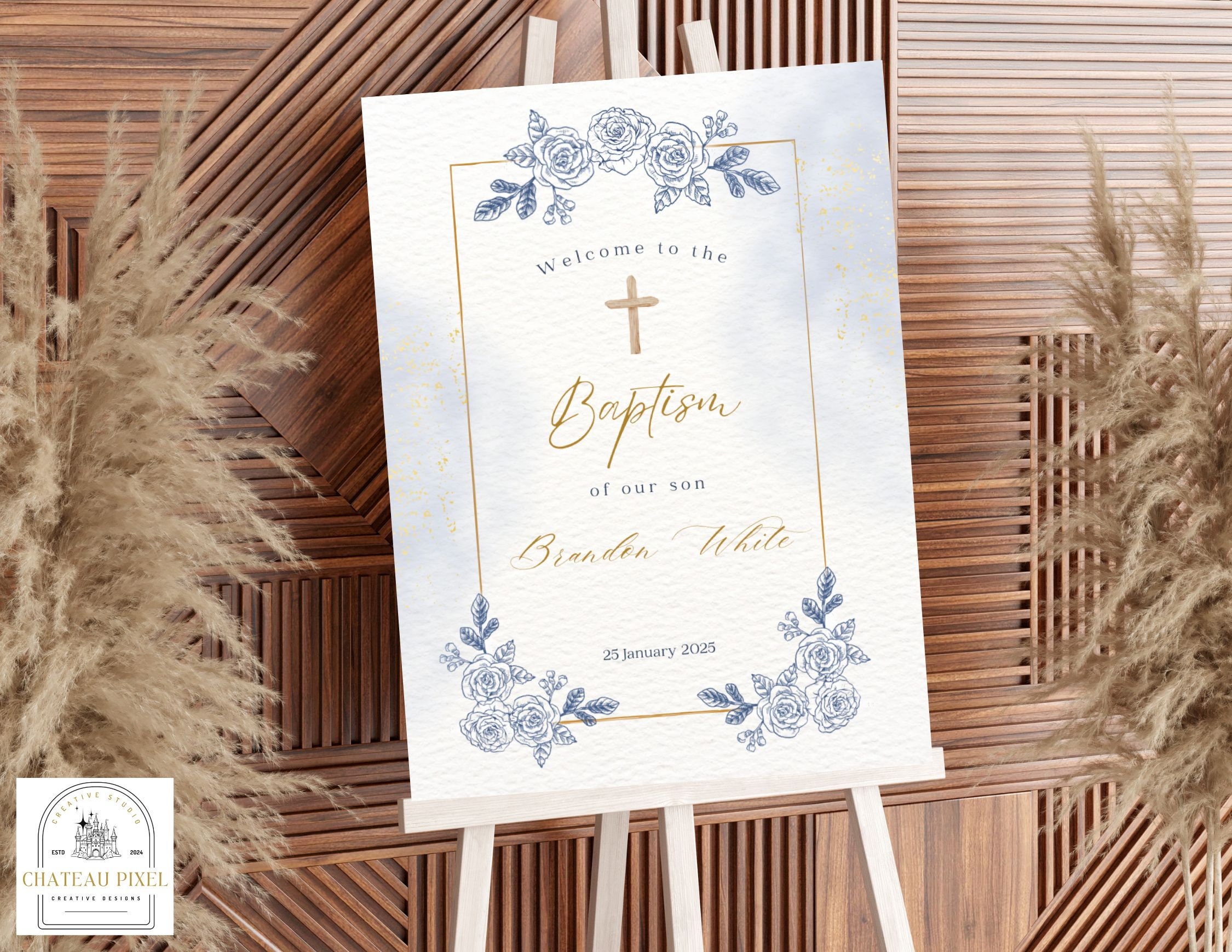 Boy Baptism Entrance Sign, Blue and White Minimalist Baptism Entrance ...