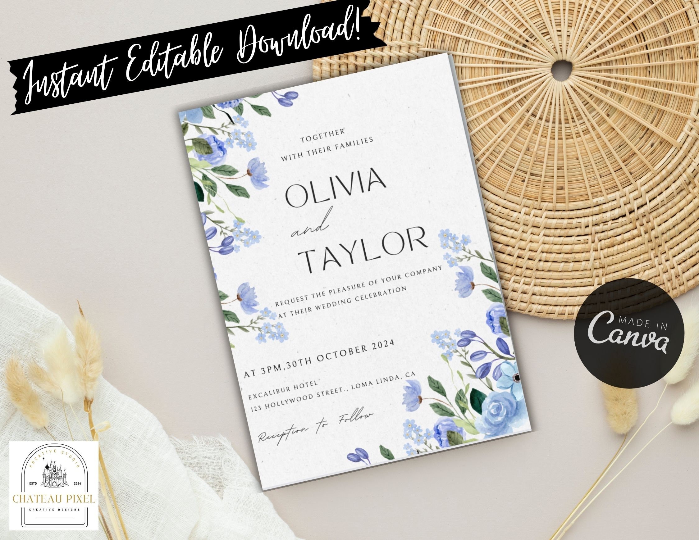 Editable Dusty Blue Wedding Invitation Template, Floral Wedding Invite ...