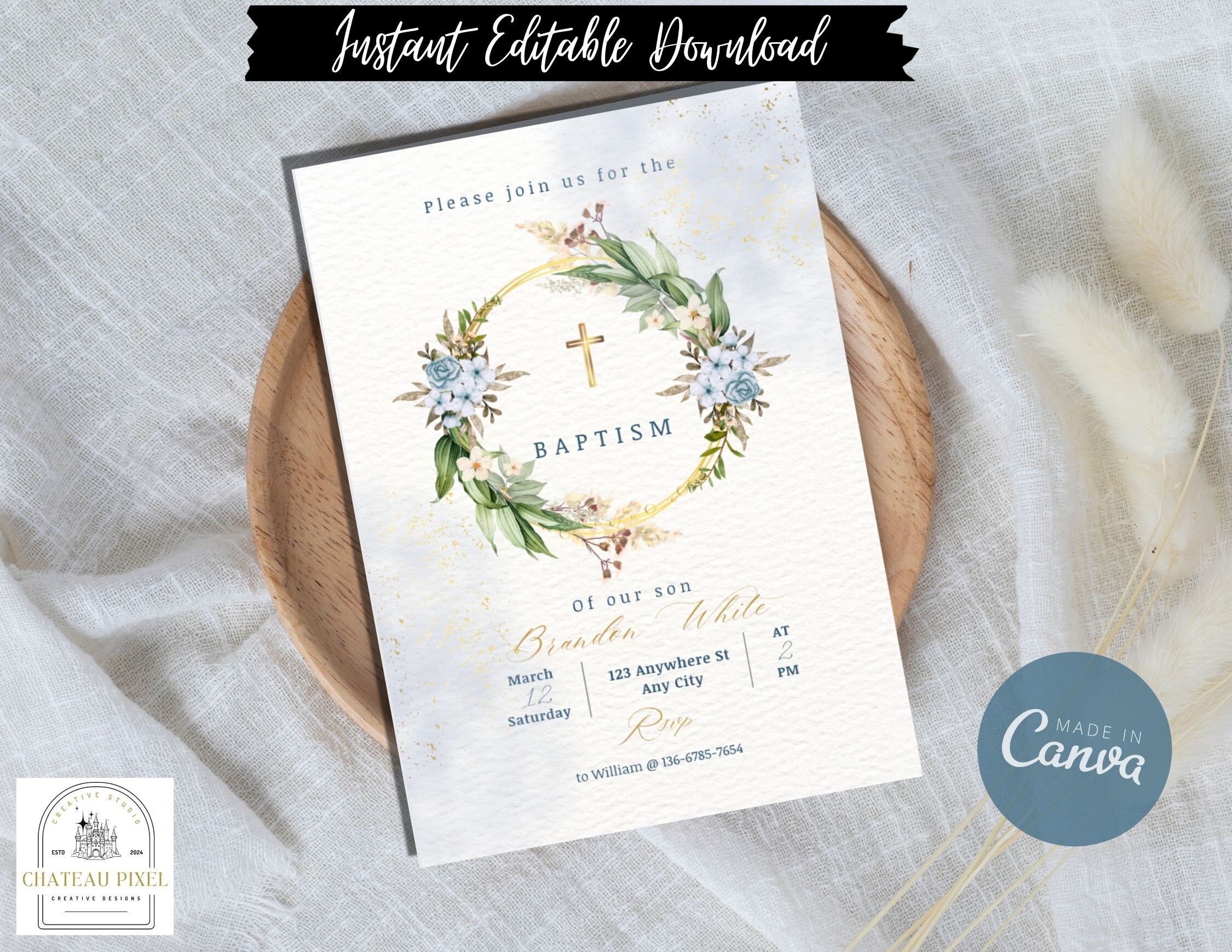 Boy Baptism Entrance Sign, Blue and White Minimalist Baptism Entrance ...