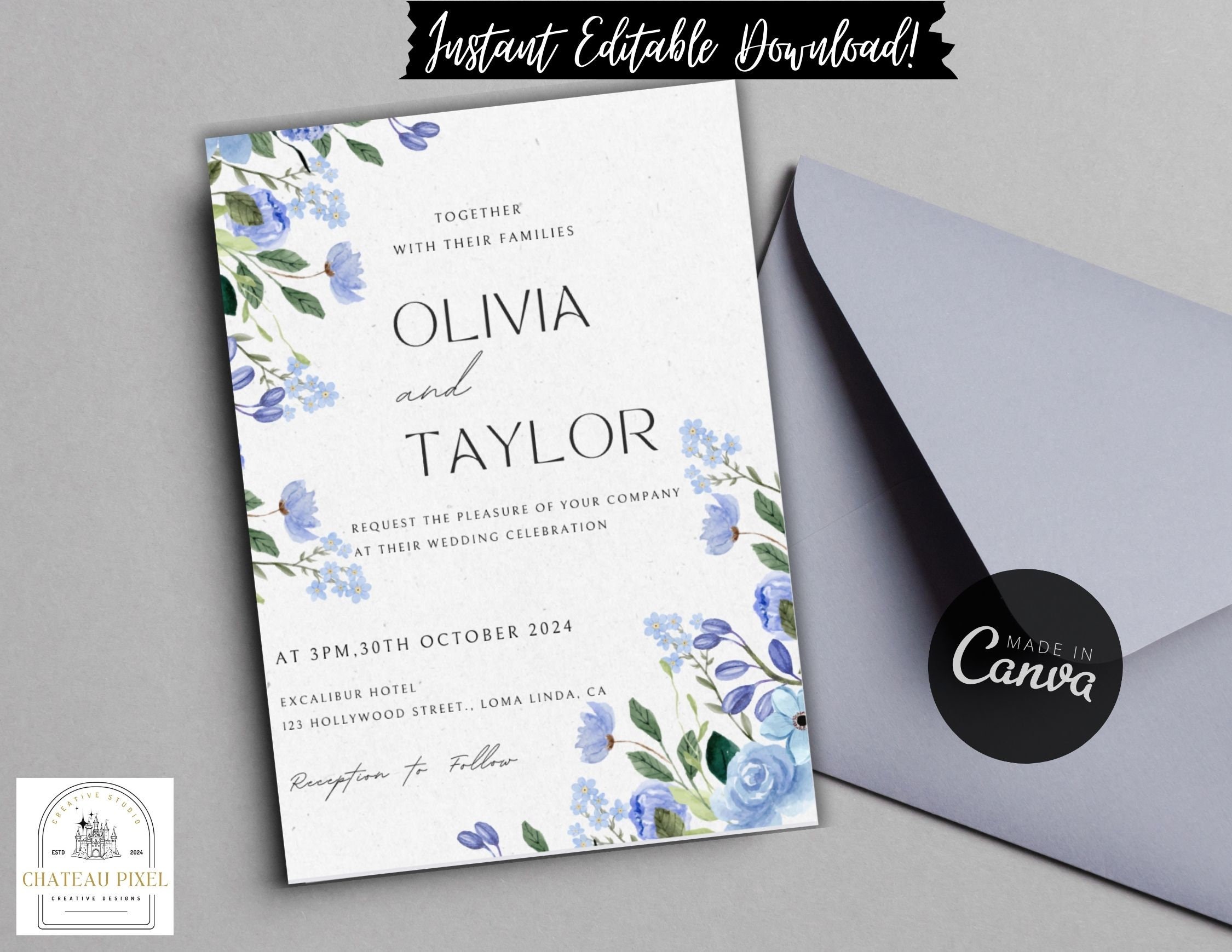 Editable Dusty Blue Wedding Invitation Template, Floral Wedding Invite ...