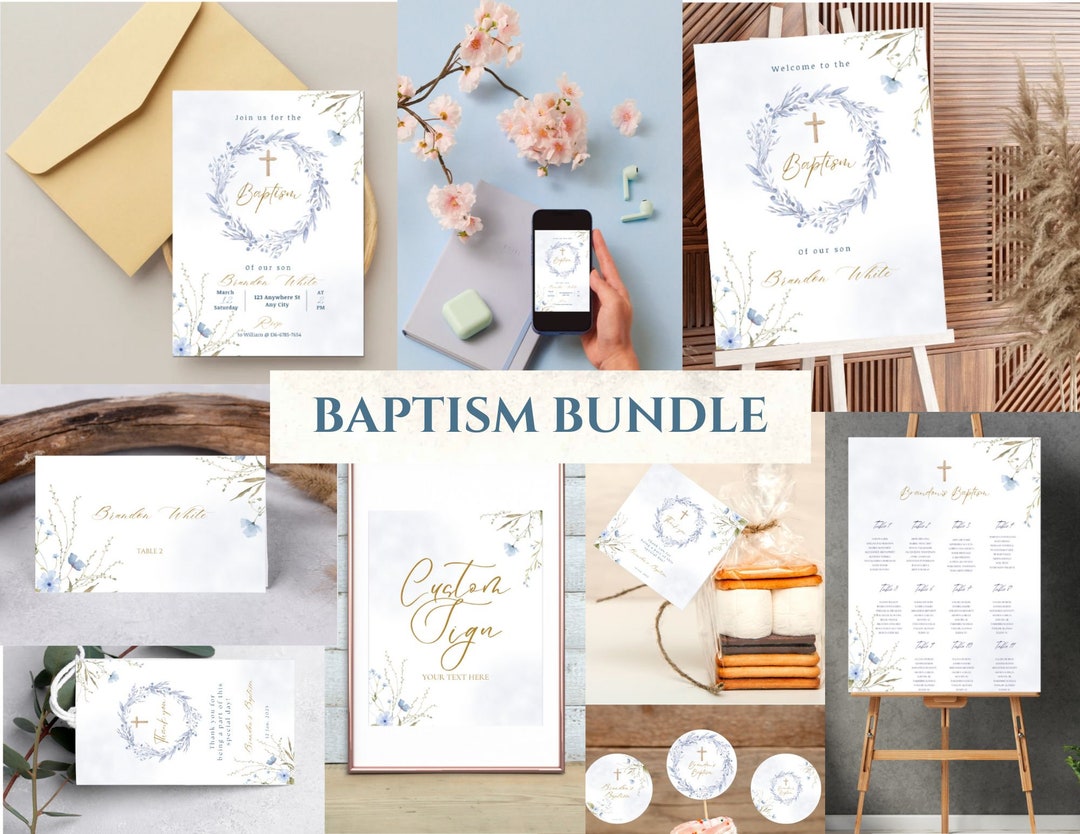 Baptism Invitation Boy Bundle, Blue Christening Invitation Bundle, Boys Blue Christening ...
