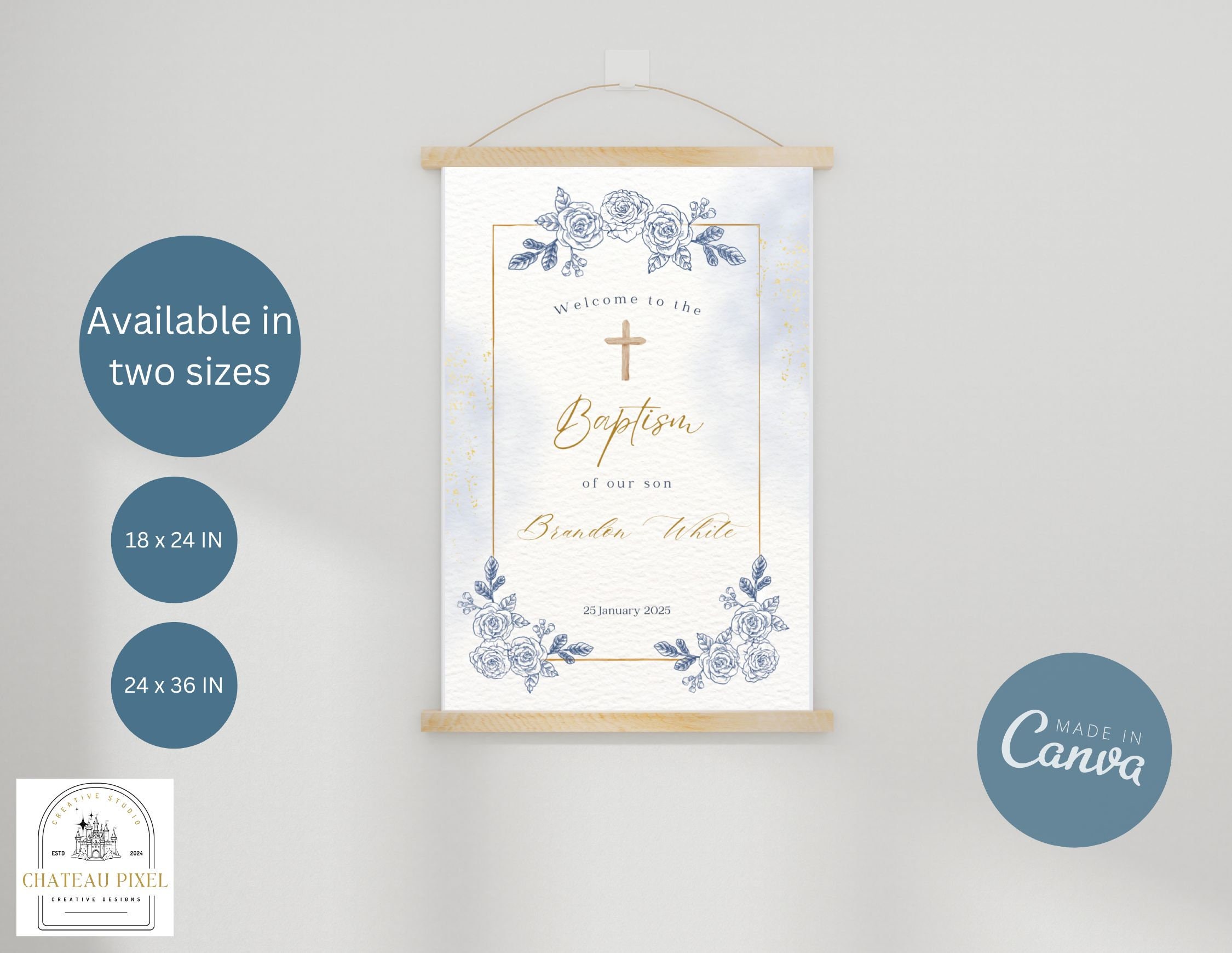Boy Baptism Entrance Sign, Blue and White Minimalist Baptism Entrance ...