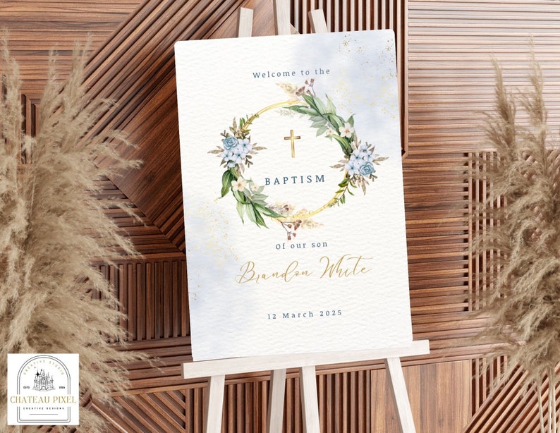 Boy Baptism Entrance Sign, Blue and White Minimalist Baptism Entrance ...