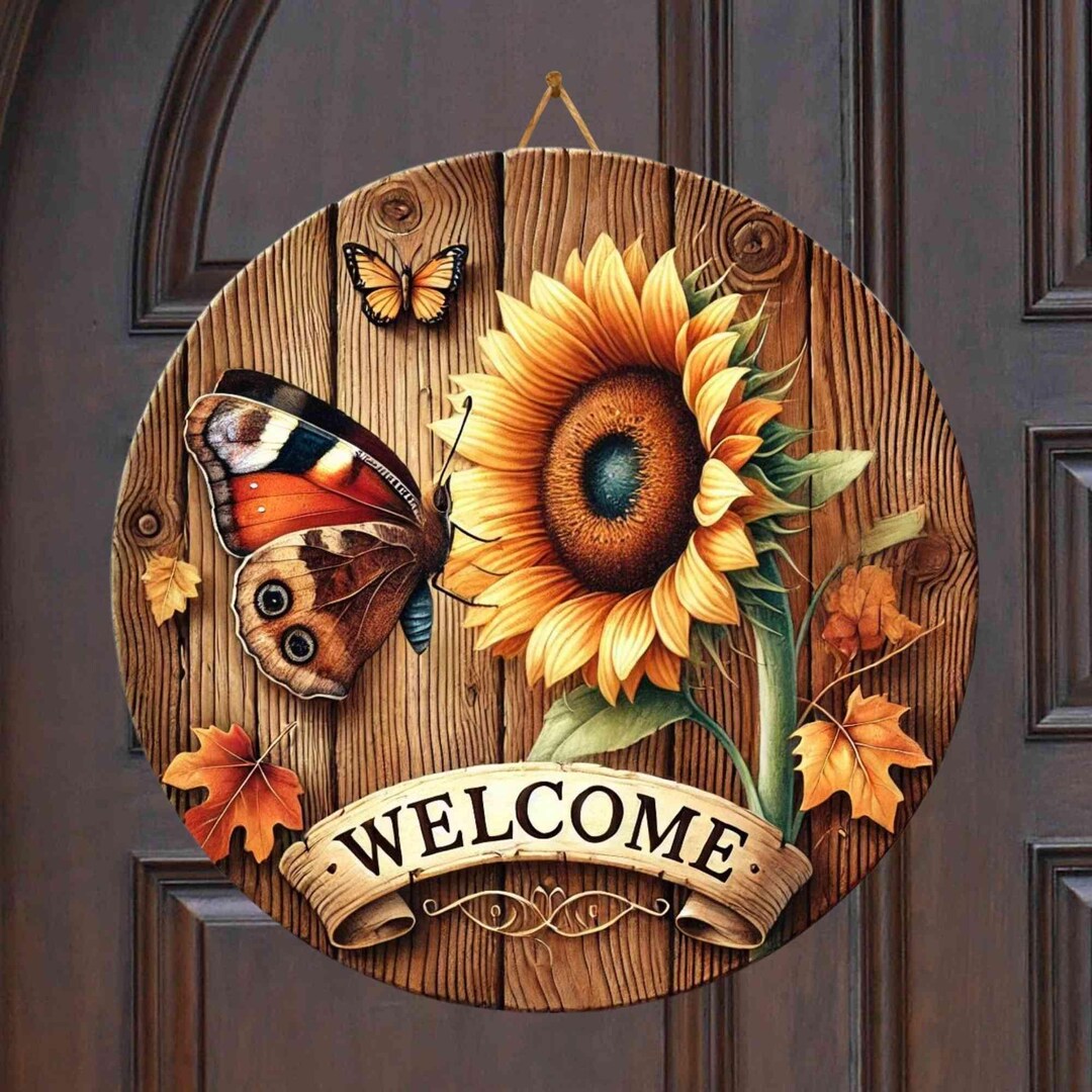 Wooden Sunflower and Butterflies Welcome Fall Round Door Hanger Vintage ...