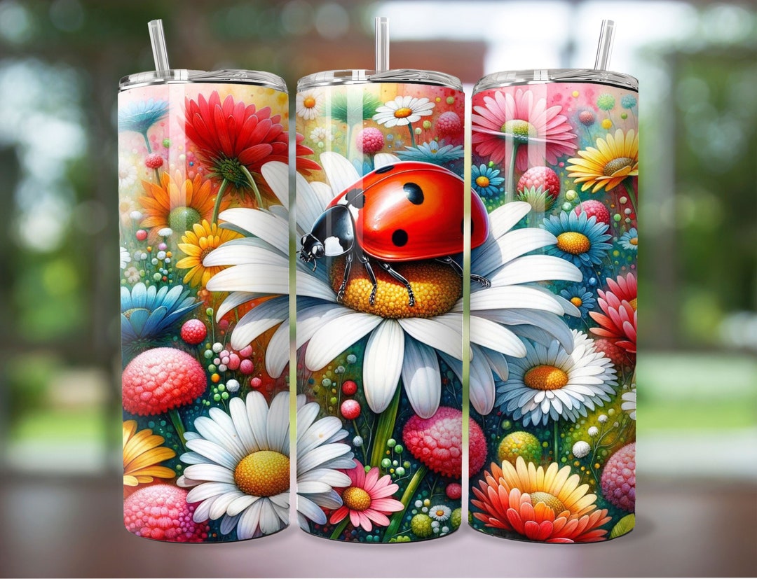 20 Oz Lady Bug Tumbler Designs Wrap, Floral Daisies, Flower Background ...