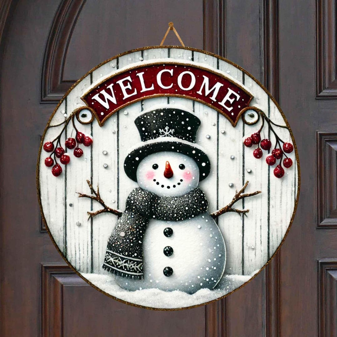 Snowman Round Wooden, Welcome Sign Christmas Winter Deer, Round Door ...