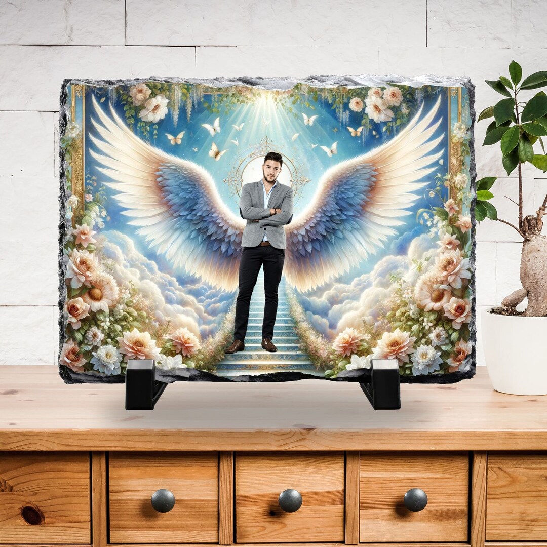 Memorial Add Photo Slate Angle Wings in Heaven, Watercolor, Sublimation ...