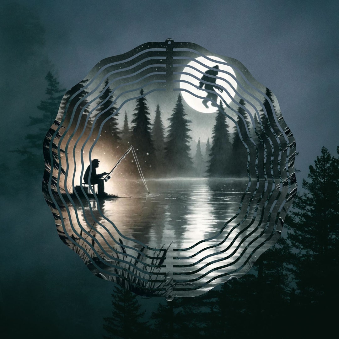 Bigfoot Jump to the Moon With Fishing Men Dark Forest, Wind Spinner ...