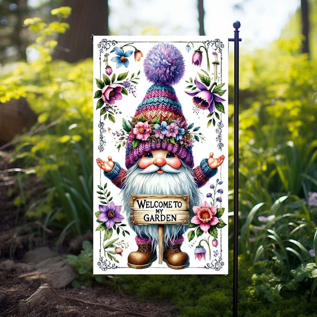 Welcome to My Garden GNOME, Garden Flag, Sublimation Designs, Purple ...