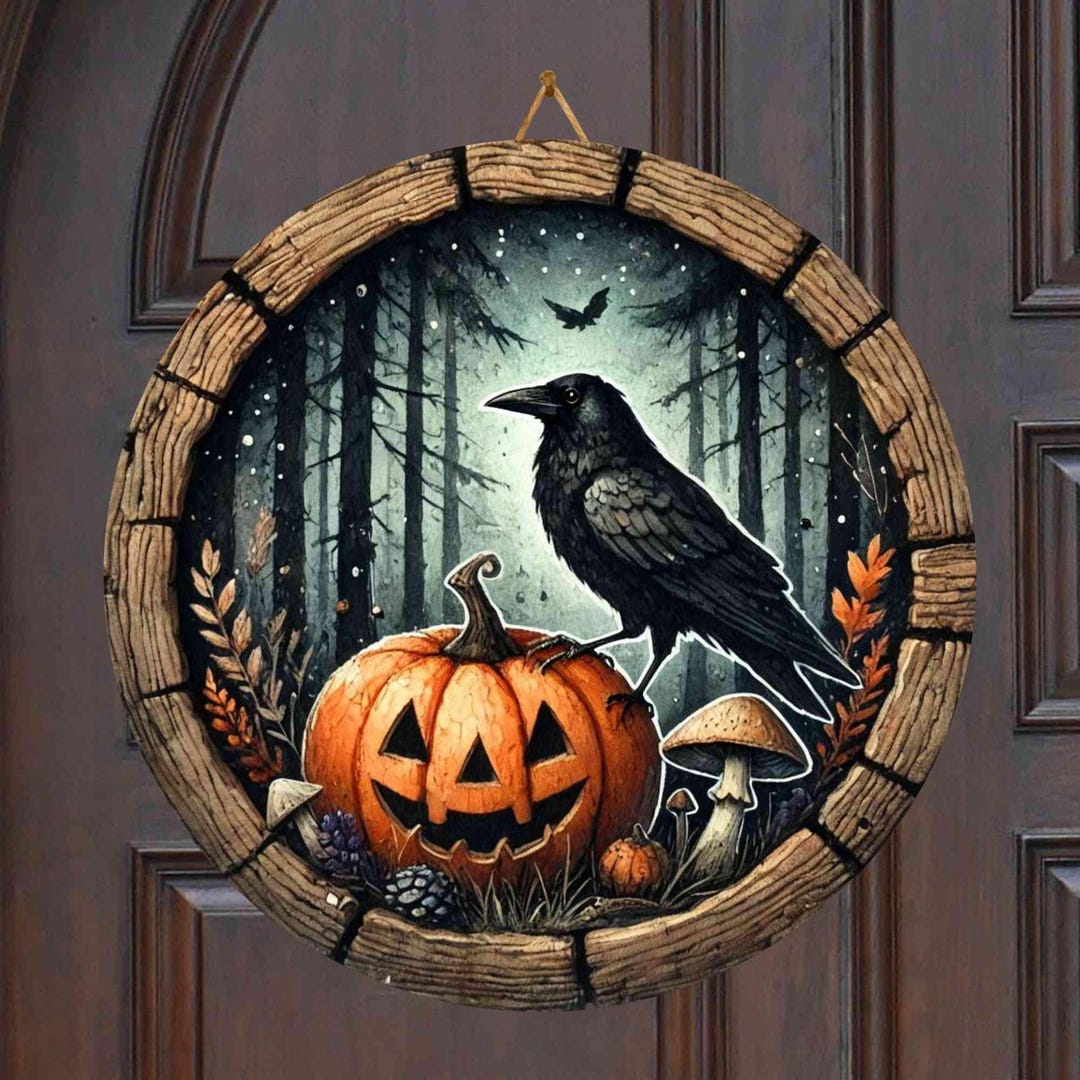 Welcome Sign Black Crow Ghost Halloween Round Door Hanger, Wreath Sign ...