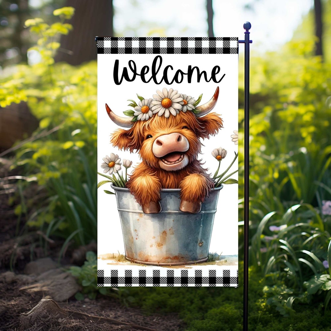 Happy Highland Cow, Garden Flag, Sublimation Designs, Welcome, Daisies ...