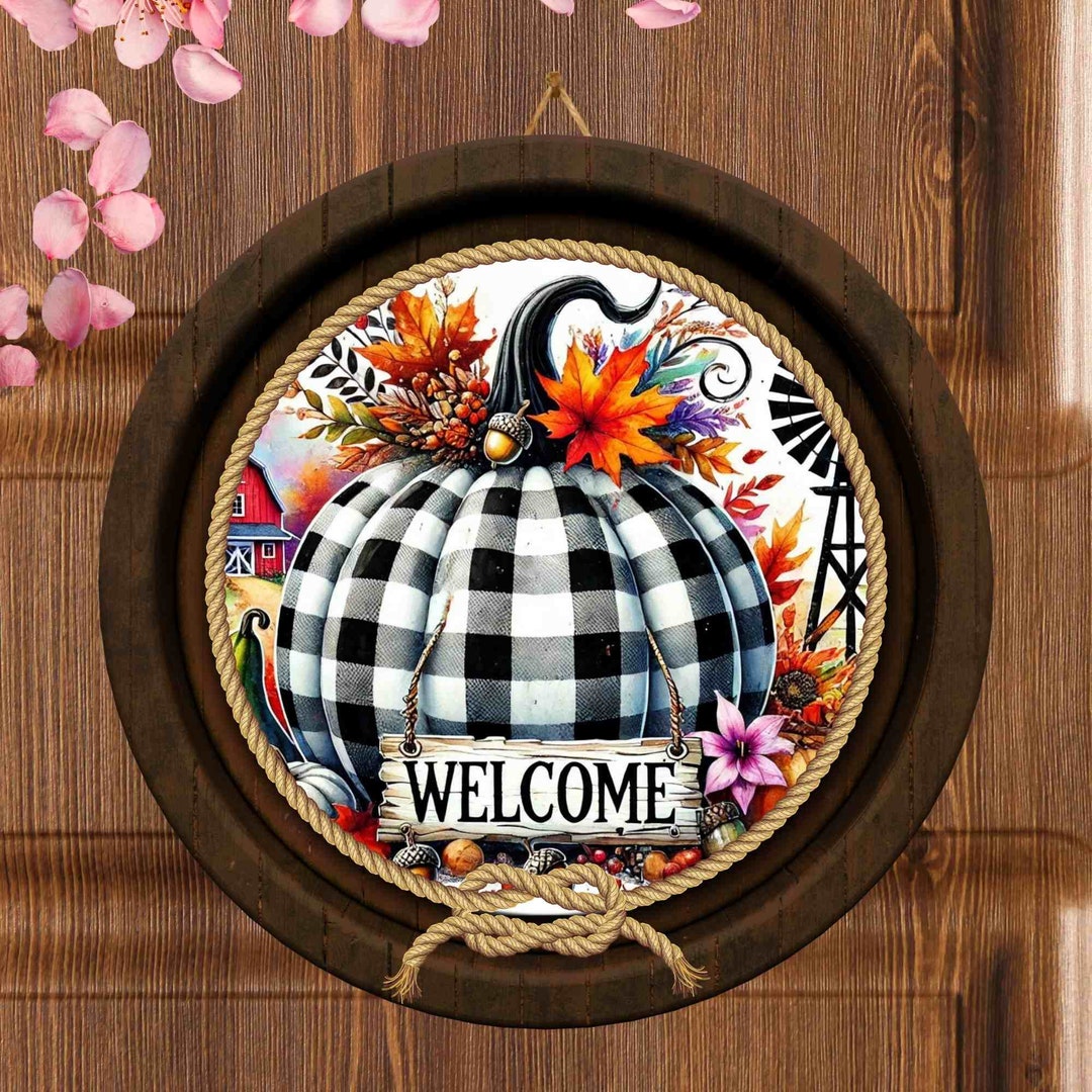 Welcome Fall, Round Door Hanger, Plaid Pumpkin Fall, Cutting Board ...