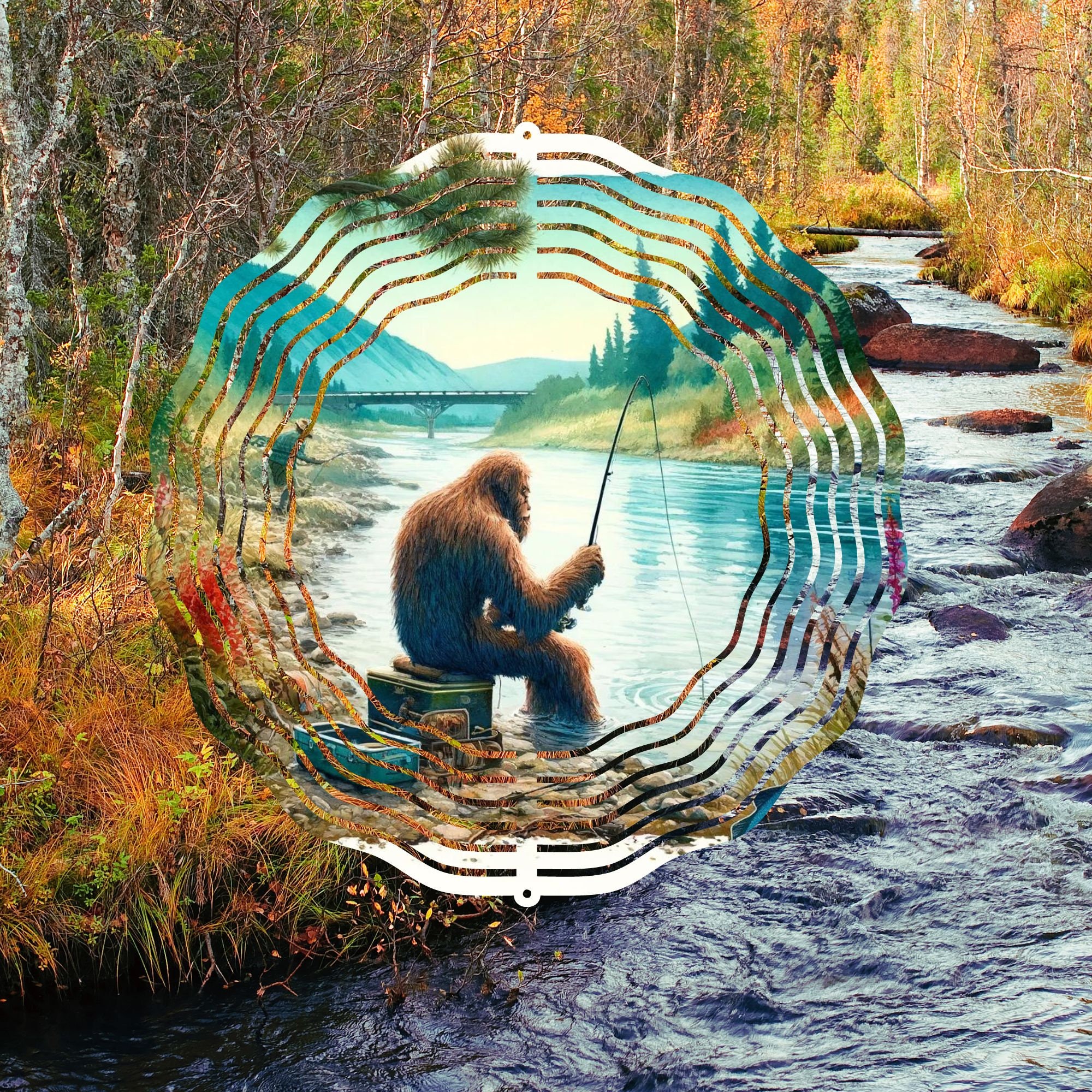 Bigfoot Fishing Color, Wind Spinner, Sasquatch Forest, Sublimation ...