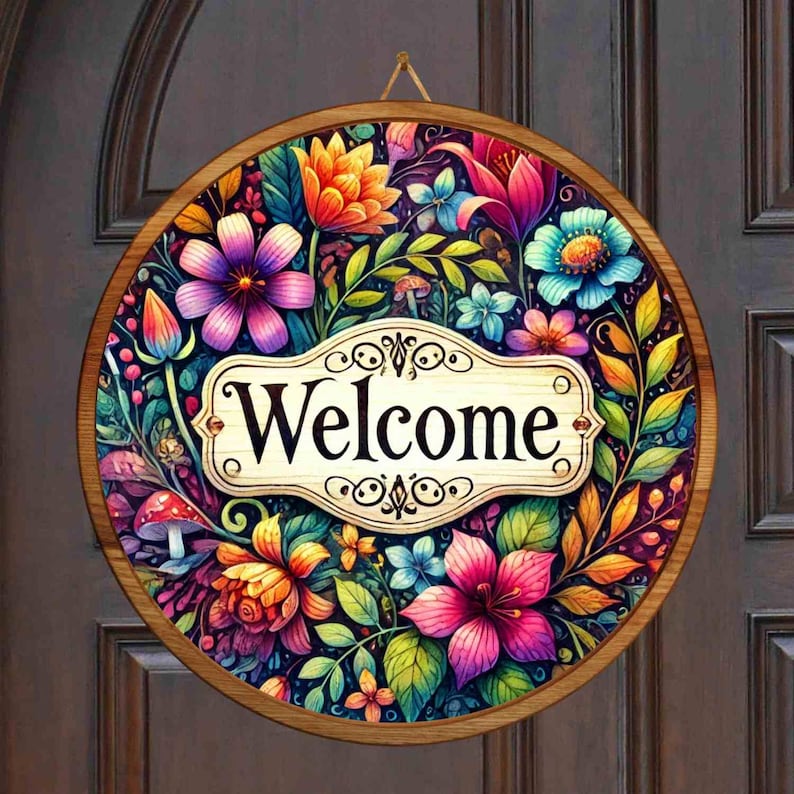 Welcome Flower Colorful Door Hanger, Welcome Sign, Round Door Hanger ...
