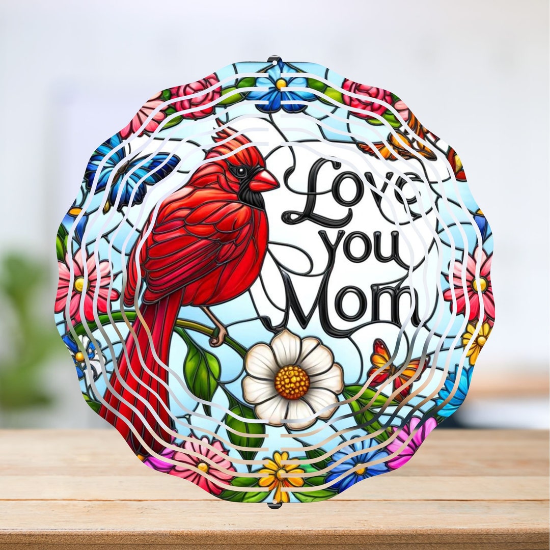 Red Cardinal Bird, Love You Mom, Stained Glass, Wind Spinner ...