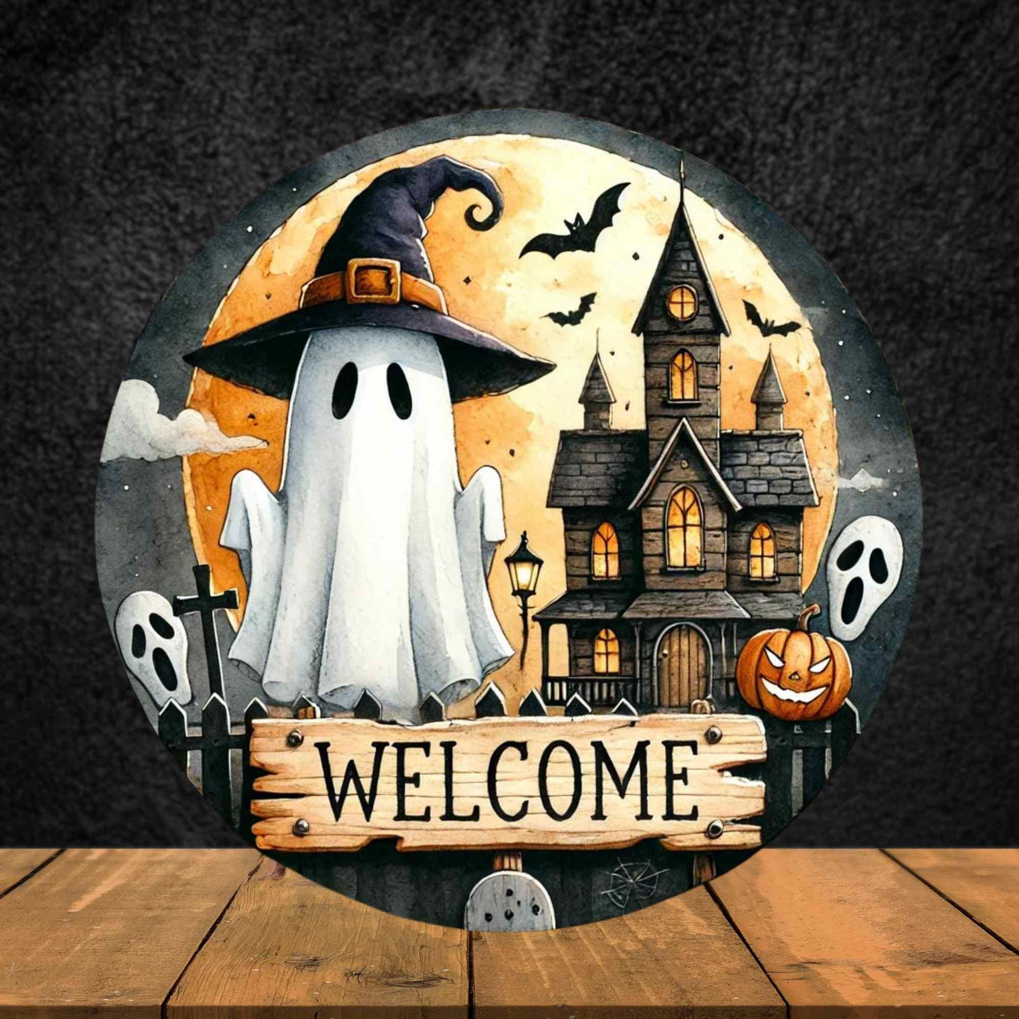 Welcome Sign Ghost Halloween Round Door Hanger, Wreath Sign, Welcome ...