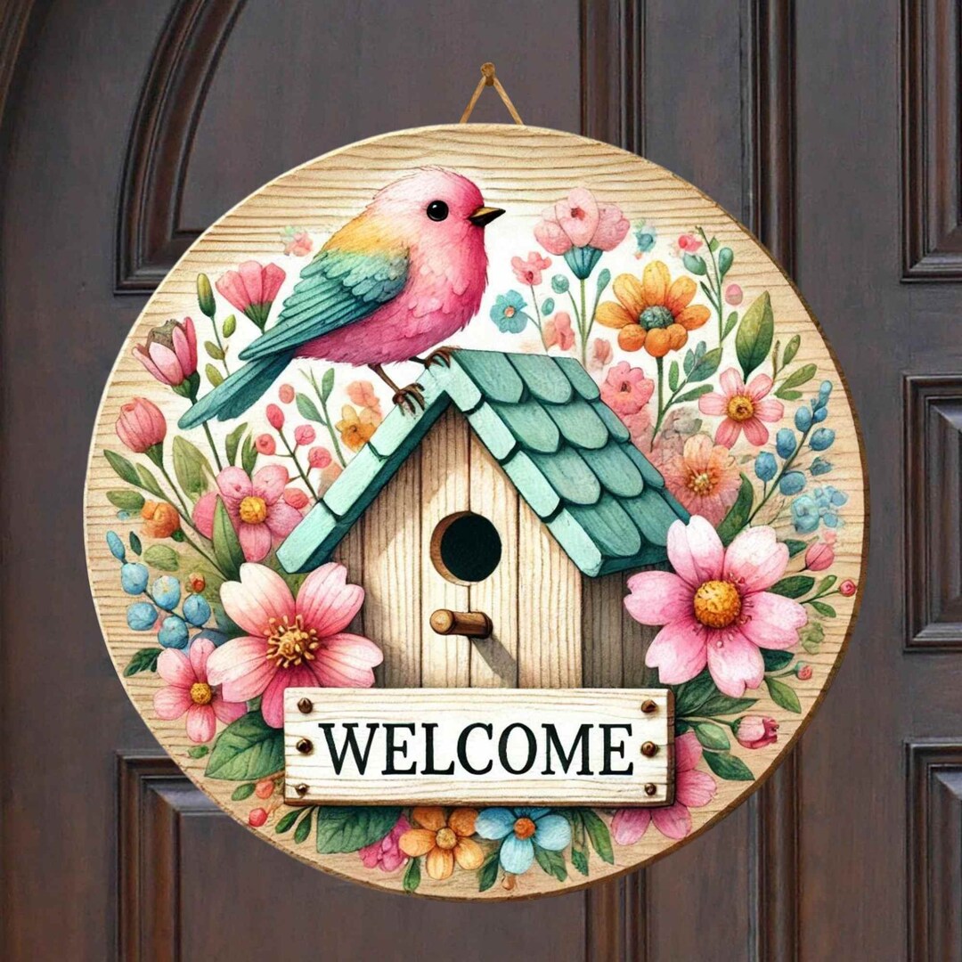 Bird With Birdhouse Pastel Color, Round Door Hanger Signs, Welcome Sign ...