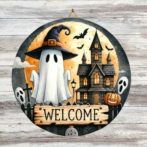 Welcome Sign Ghost Halloween Round Door Hanger, Wreath Sign, Welcome ...