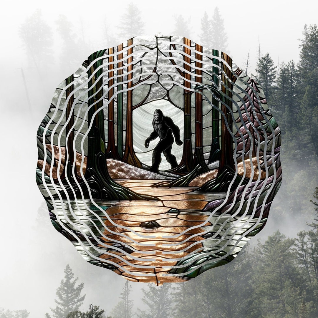 Bigfoot Wind Spinner, Sasquatch in Dark Forest, Stained Glass ...