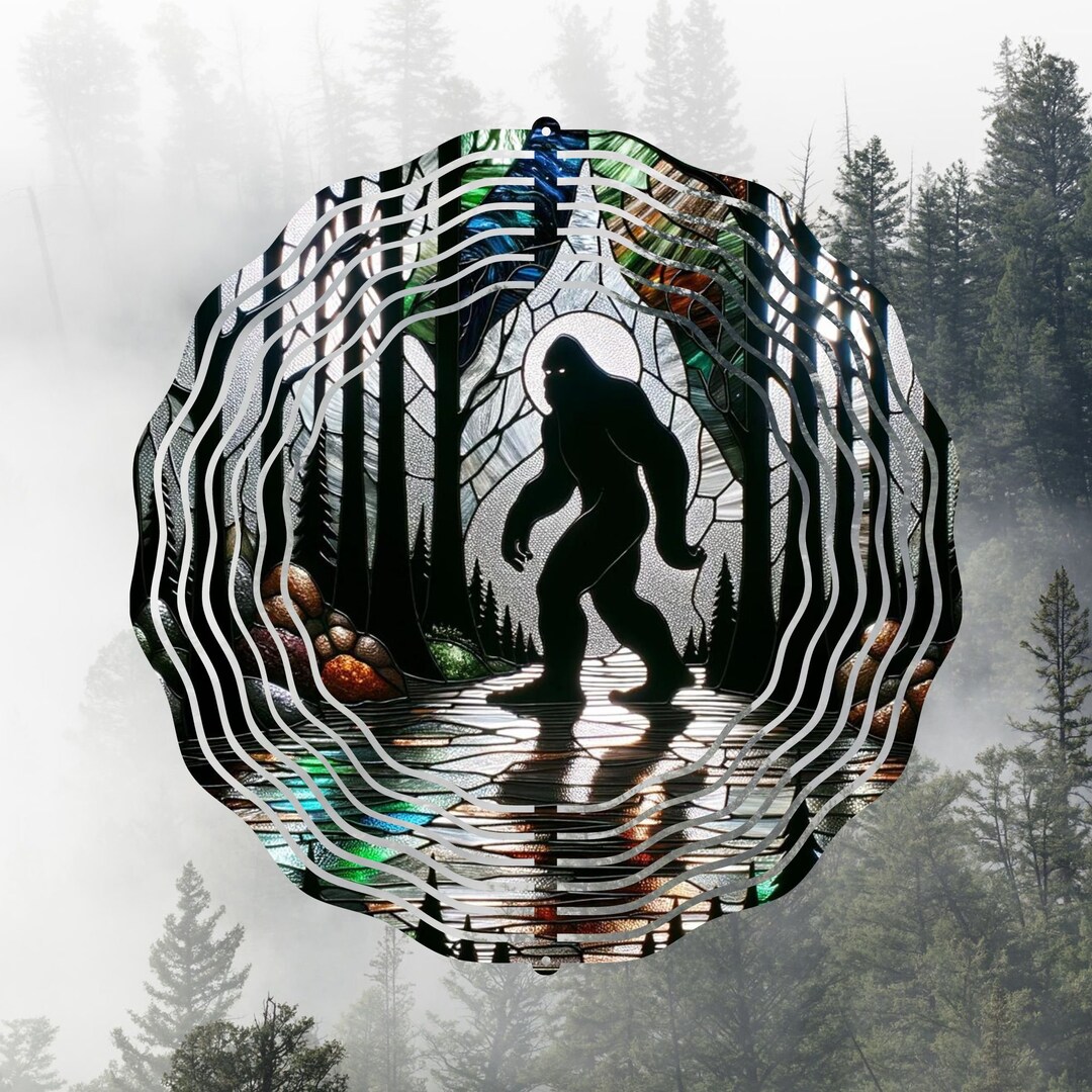 Bigfoot With UFO Stained Glass, Wind Spinner, Sasquatch Forest ...