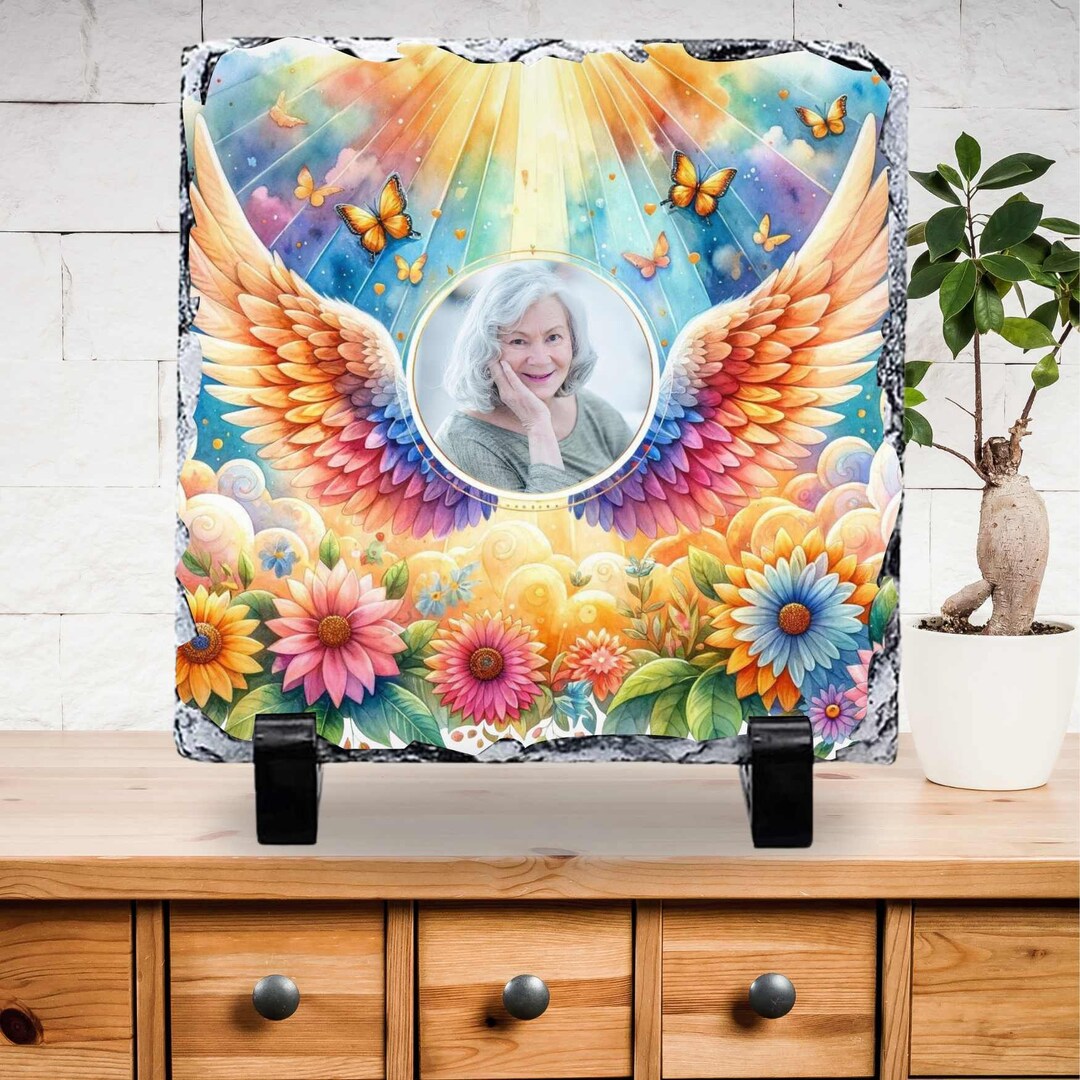 Memorial Add Photo Slate Angle Wings, Watercolor, Sublimation Design ...