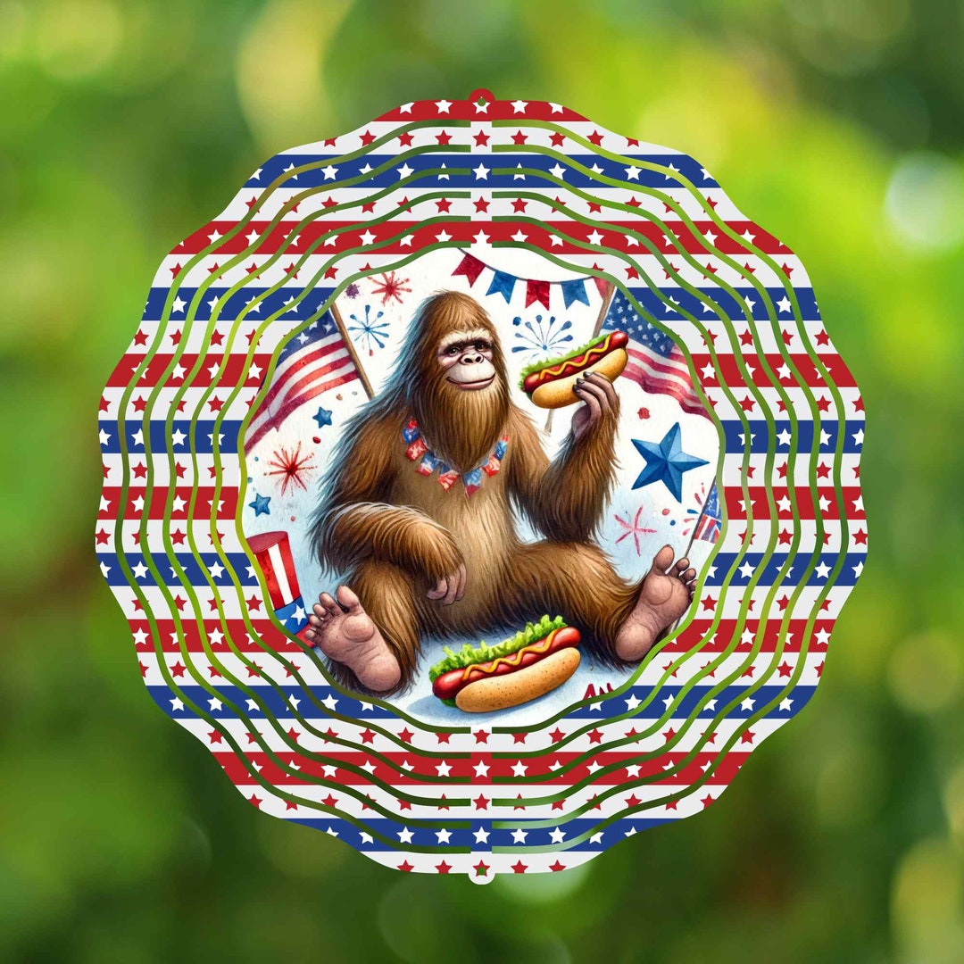 Wind Spinner Bigfoot 4th of July, Sasquatch With Hotdog, Sublimation ...