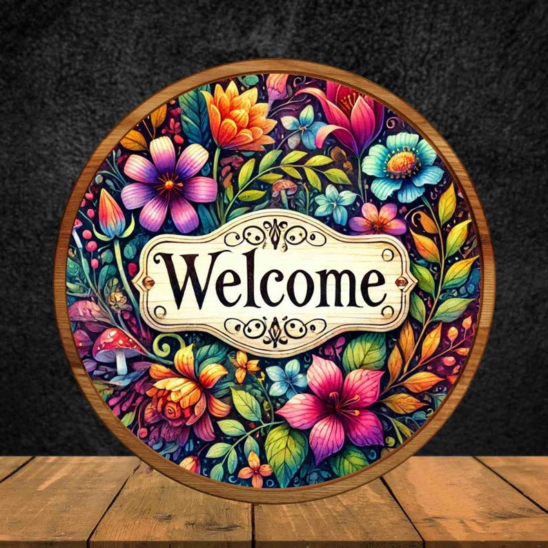 Welcome Flower Colorful Door Hanger, Welcome Sign, Round Door Hanger ...
